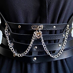 Asooll Punk Leather Waist Belt Black Belly Body Chain Harness Circle Waist Chain Fashion Belly Belts Prom Party Body Chains Body Accessories Jewelry for Women and Girls