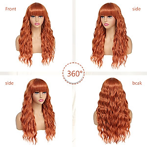 LuxeMelan Ginger Long Wavy Wig with Bangs Ginger Orange Wig 22 Inch Curly Glueless wig Full Machine Wig with Bangs Cosplay Party Bang Wig for Women