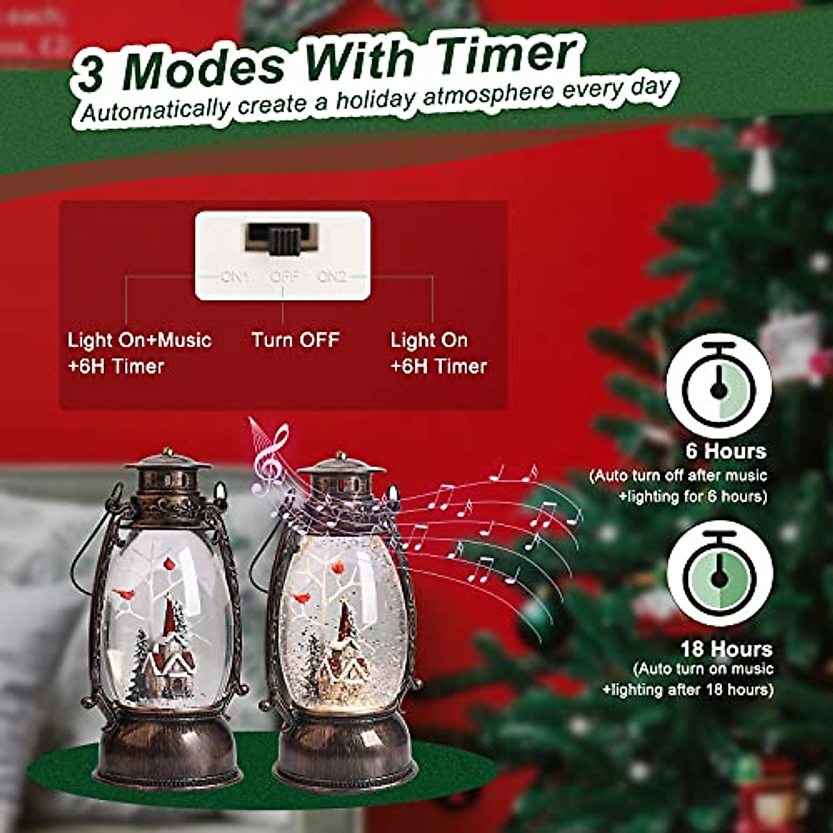 Christmas Snow Globe Lantern, Christmas Village Church Scene Lighted Snow Globes Musical with Swirling Glitter, Battery Powered Christmas Decorations Indoor for Home