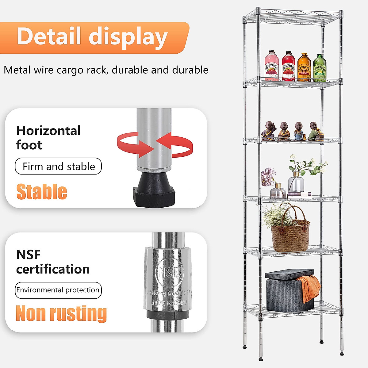 FDW 6 Tier Wire Shelving 17L x 12W x 64H Pantry Shelves Storage Rack Shelving Units Adjustable Metal Shelves for Kitchen Commercial Garage Small Places,Chrome