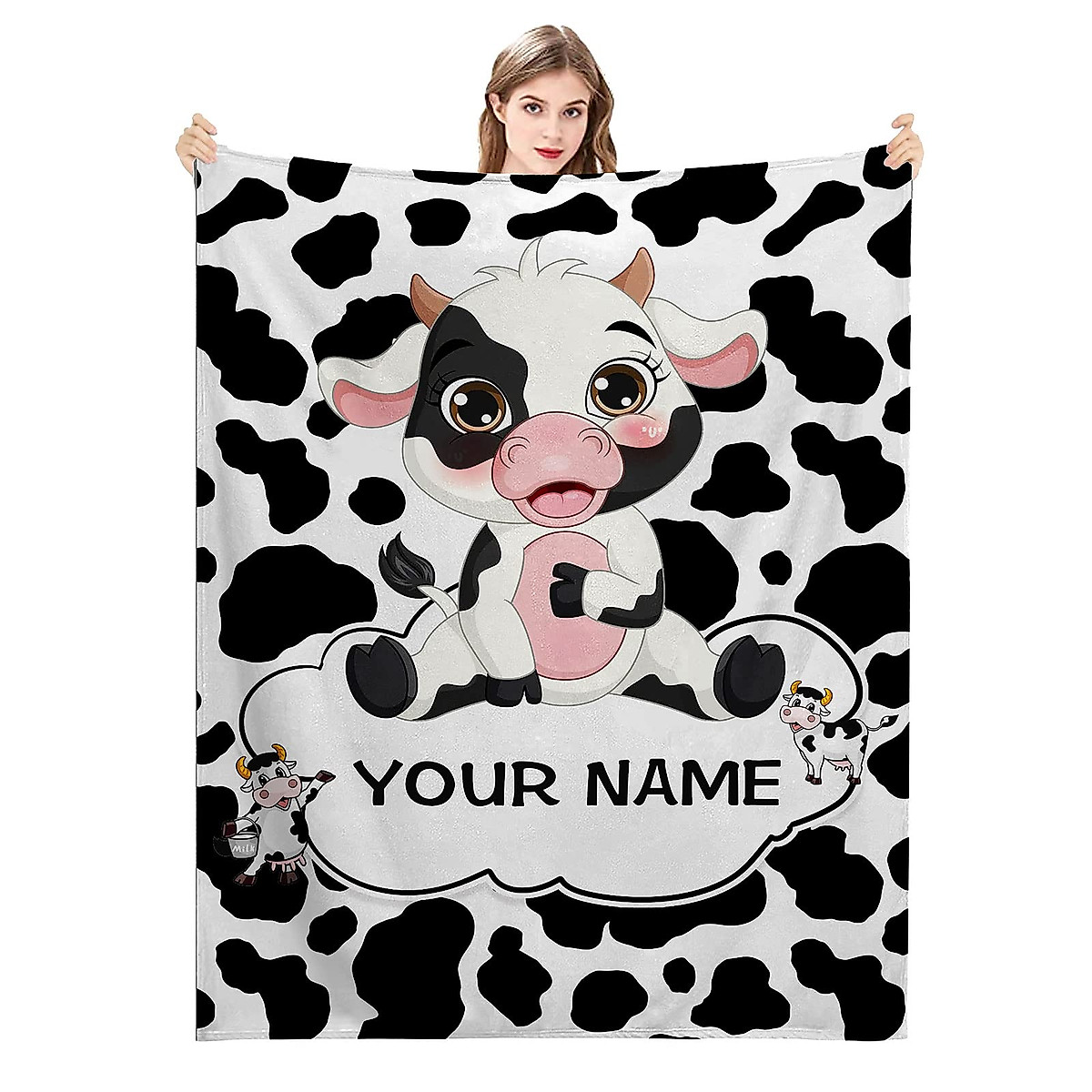 BLYIUKR Personalized Cow Print Blanket for Baby Kids with Name, Custom Cow Print Stuff Bedding Decor Sofa Cow Throw Blankets for Girls Boys Daughter Christmas Birthday Gifts