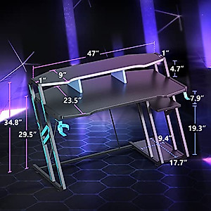 MOTPK Gaming Desk with Storage Shelf 47 inch, Computer Desk with Monitor Shelf, Gaming Table with Carbon Fiber Surface, Gamer Desk with Cup Holder & Headphone Hook, Gift for Boys Men, Black