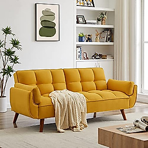 Betoko Convertible Futon Sofa Bed Sleeper Twin Size, Modern Reclining Linen Split Back Sofa Couch with Pillow Top Arm for Compact Living Room,Apartment (Yellow)