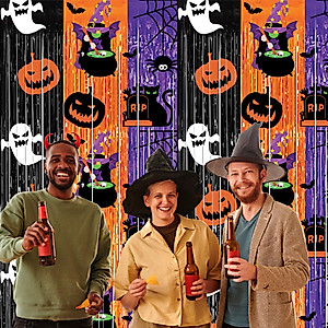 Foil Fringe Curtains Halloween Party Decorations, 2 Pack 3.3 x 6.6 FT Black Orange Purple Tinsel Fringe Curtain Halloween Decor Indoor Photo Backdrop Streamers for Halloween Birthday Party Decorations