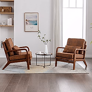 Mid Century Modern Accent Chair Set of 2 Living Room- Comfy Solid Wood Arm Chair with Lumber Pillow Lounge Decorative Brown Leather Office Side Chair Bedroom Reading Nook Sillas De Sala Microfiber