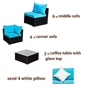 12 Pcs Outdoor Patio Furniture Sets Blue, Rattan Sofa with Cushion and Clips, PE