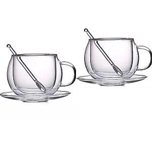 Double Wall Glass Coffee/Tea Mugs with Handle, Saucer and Glass Stirring Spoon- 8.7oz - Set of 2 - The Perfect Coffee/Tea Cups Affogato Cup