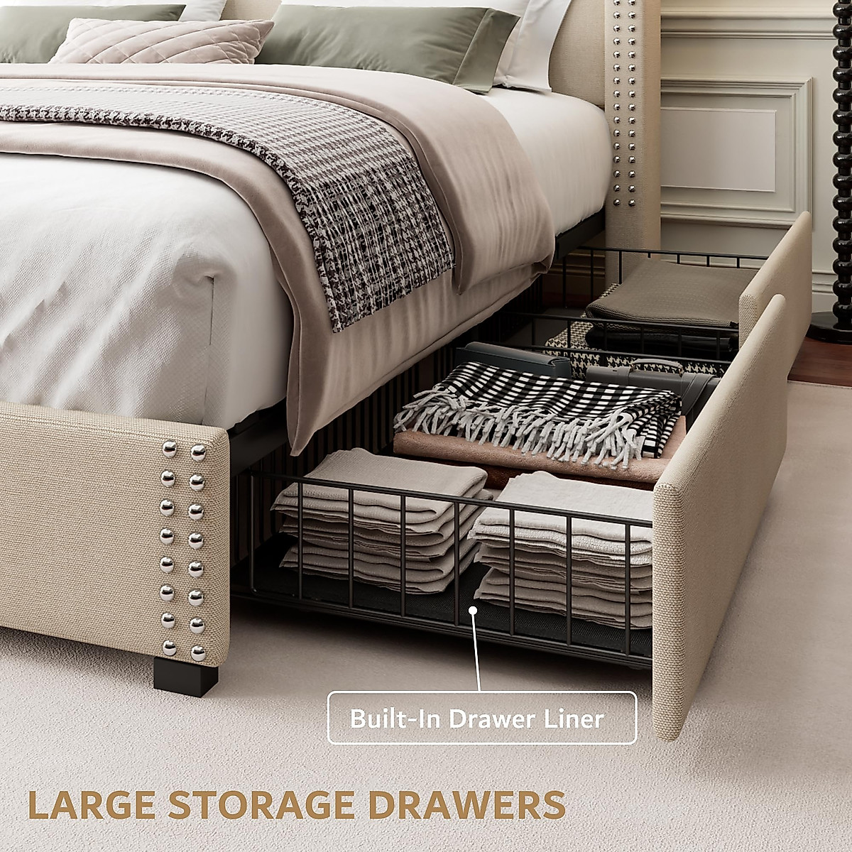 iPormis Queen Storage Bed Frame with 4 Drawers, Upholstered Bed Frame with Minimalist Wingback Headboard and Charging Station, No Box Spring Needed, Beige