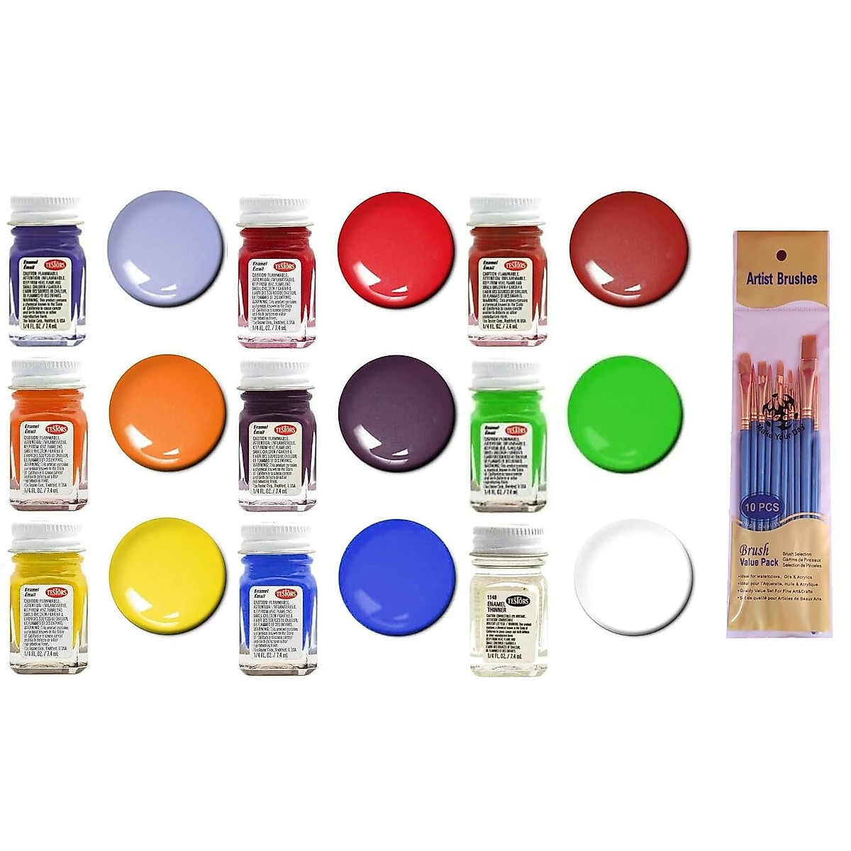 Testors Enamel Paint, Violet, Cherry, Flat Grapefruit, Tangerine, Grape, Bright Lime, Flat Sunflower, Fluorescent Blue, and Clear Thinner, 1.75 Ounce (Pack of 9) - with MYD Paint Brushes