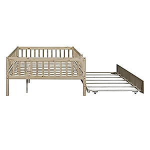 Sedgeria Full Size Montessori Bed for Toddlers Wooden Toddler Daybed with Fence and Trundle, Low Bed Frame with Rails for Kids Boys Girls, Natural