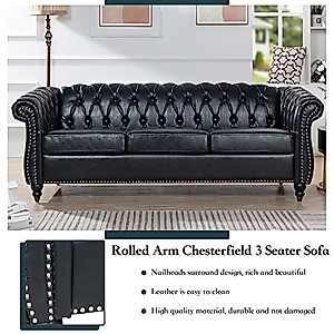 Dvasovio Chesterfield Luxury Leather Sofa, Upholstered PU Sofa with Tufted Back, Classic 3 Seater Leather Couch Rolled Arm for Living Room Office, Black