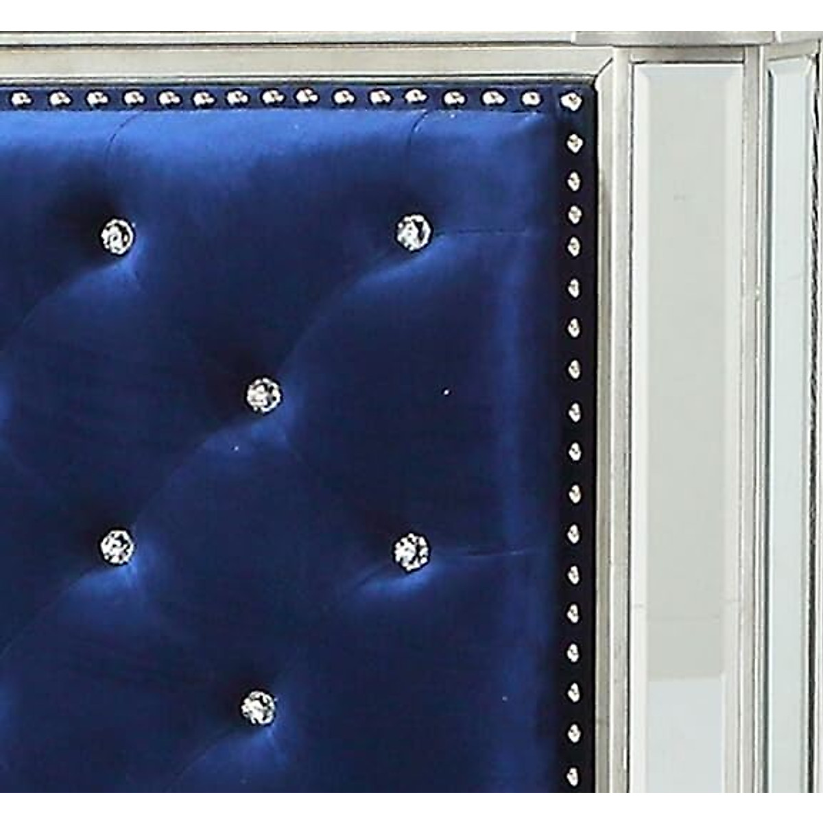Acme Varian Queen Upholstered Panel Bed in Blue Velvet and Mirrored