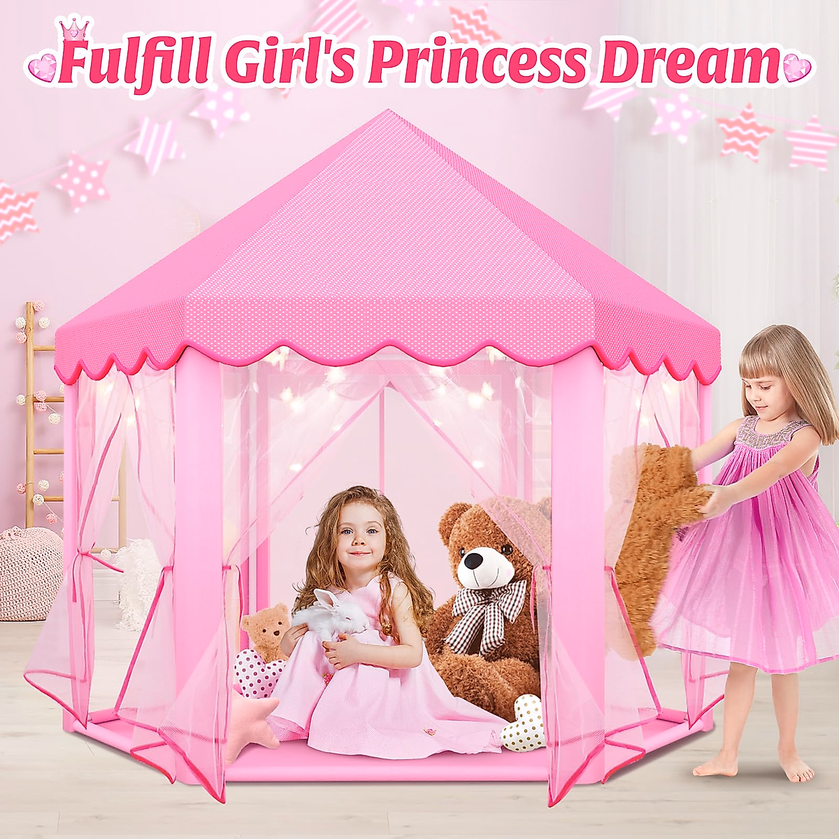 Princess Tent Girls Large Playhouse,Gift for 3 4 5 6 7 8+ Year Girl, Doll Dream House Castle Play Tent with Star Lights Toy for Kids Indoor and Outdoor Activity,Ideal Gift,57'' x 55'' (DxH)