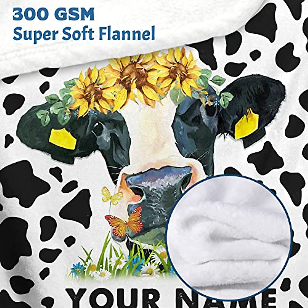 KSUPER Custom Cow Print Blanket with Name Text Personalized Cow Print Bedding Throw Blankets for Sofa Girls Kids Adults Daughter Mom Christmas Valentine's Day Birthday Gifts