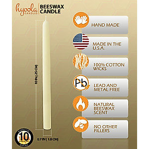 Hyoola 10" Beeswax Taper Candles 12 Pack - Handmade, All Natural, 100% Pure Unscented Bee Wax Candle - Tall, Decorative, White - 10 Hour Burn Time