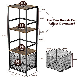 4-Tier Standing Storage Shelves, Narrow Shelving Unit for Small Places, Metal Wood Combination Storage Shelf Rack with Wire Basket,Adjustable Utility Shelf for Bathroom Kitchen Laundry Garage