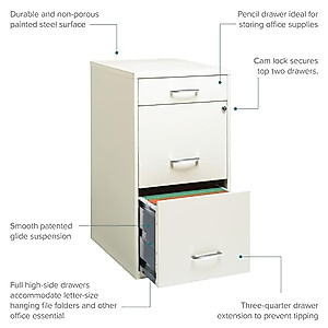 Hirsh Industries Space Solutions Metal 3 Drawer File Cabinet with Pencil Drawer Pearl White
