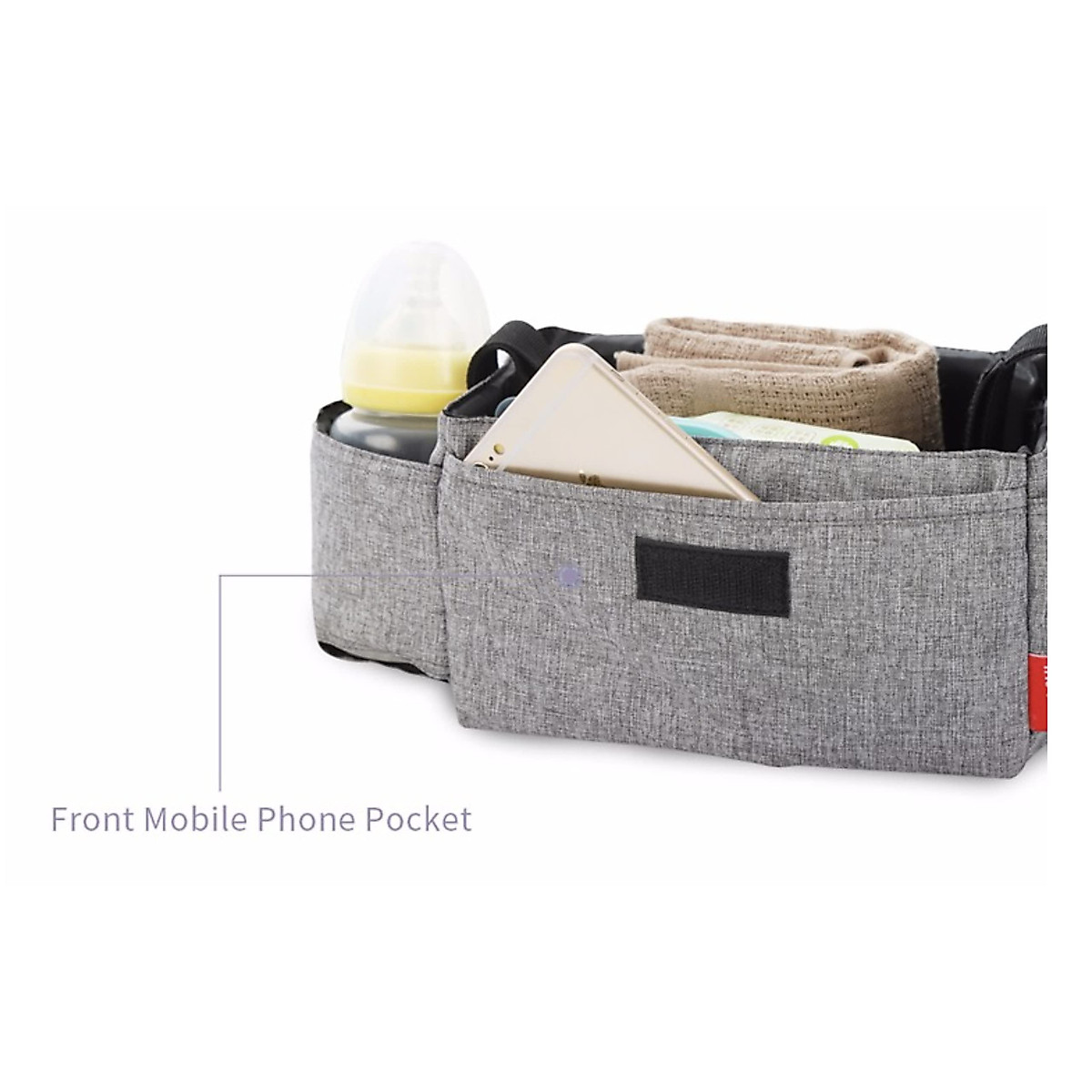 Universal Stroller Caddy, Stroller Organizer Featuring 6 Built-In Pockets, Adjustable Straps To Fit Nearly Any Stroller Active (Gray)