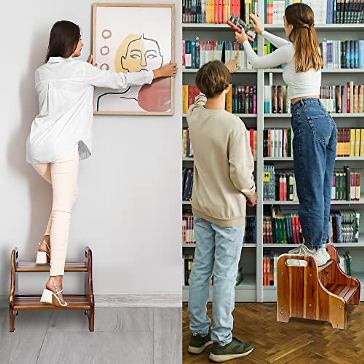 Wood Step Stool for Kids and Toddlers, Natural Acacia Solid Wood, Portable 2 Handles, Wider 2 Steps, Safe Non-Slip Bottom, Rounded Corners, Supports up to 200 lbs, Perfect for Children (Natural)