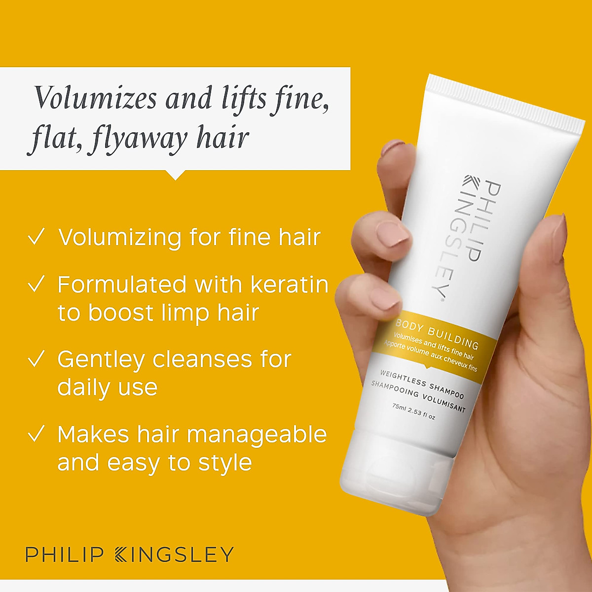 PHILIP KINGSLEY | Body Building Weightless Shampoo | Volumizing Shampoo for Fine, Limp, Flat, Flyaway Hair | Hydrates, Thickens, Lifts and Adds Volume and Shine | 2.53oz