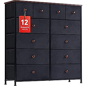 AOPSEN 12 Drawer Tall Dresser, Storage Chests of Drawers, Black Fabric Dresser for Bedroom Closet Nursery Living Room, Wooden Top and Metal Frame, Rustic Brown