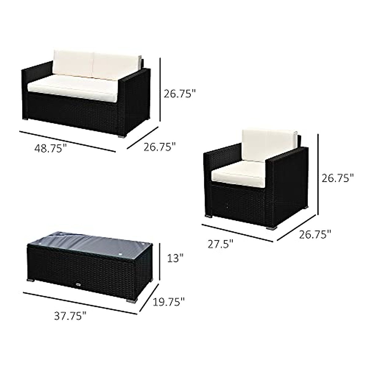 Outsunny 4 Piece Wicker Patio Furniture Set with Cushions, Outdoor Sectional Furniture with 2 Sofa, Loveseat, and Glass Top Coffee Table, Conversation Sofa Sets for Garden, White