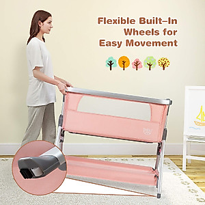 BABY JOY Bedside Bassinet, Portable Baby Crib w/Mattress, Two-Side Breathable Mesh, 7 Height Adjustable, Large Storage, Wheels for Easy Movement, Crib for Newborn Infant, Bassinet for Baby, Pink