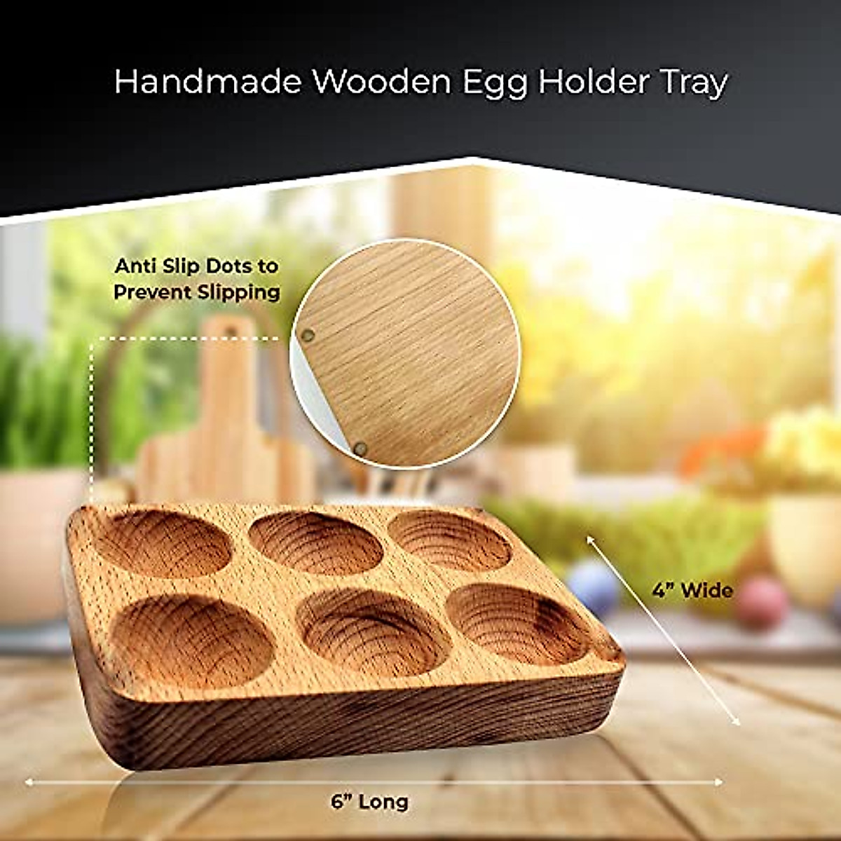 5MoonSun5's Handmade 6 Egg Tray - Wooden Egg Holder Usable in Kitchen Refrigerator, Counter top – Store and Display Chicken Eggs, Easy to Clean A great gift for your love ones..