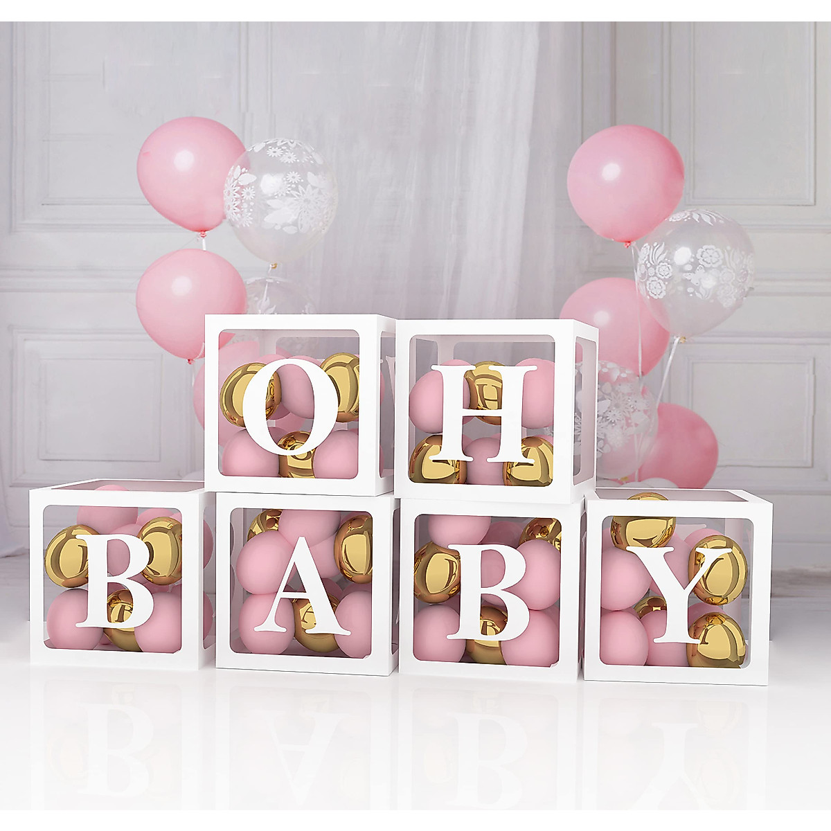 POSHBEBE Baby Shower Decorations for Girl and Boy - 6 Clear Boxes with OH and BABY Stickers - Gender Reveal Transparent Box for Balloons, Birthday, Bridal Shower And Wedding Decorations