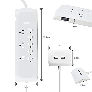 8 Outlet Surge Protector Power Strip with2 USB Charging Ports (2.4A), 6 + 4 FT Extension Cord with Straight Plug, 2400 Joules Overload Portection,Wall Mountable, ETL Listed, White