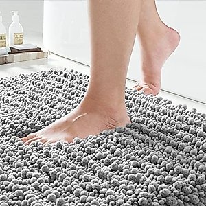 Yimobra Bathroom Rug Mat, 24'' x 17'', Luxury Chenille Shaggy Microfiber Bath Rugs, Extra Soft & Thick, Absorbent Water, Non-Slip, Machine-Washable, Bath Mats for Bathroom Floor,Tub and Shower, Gray