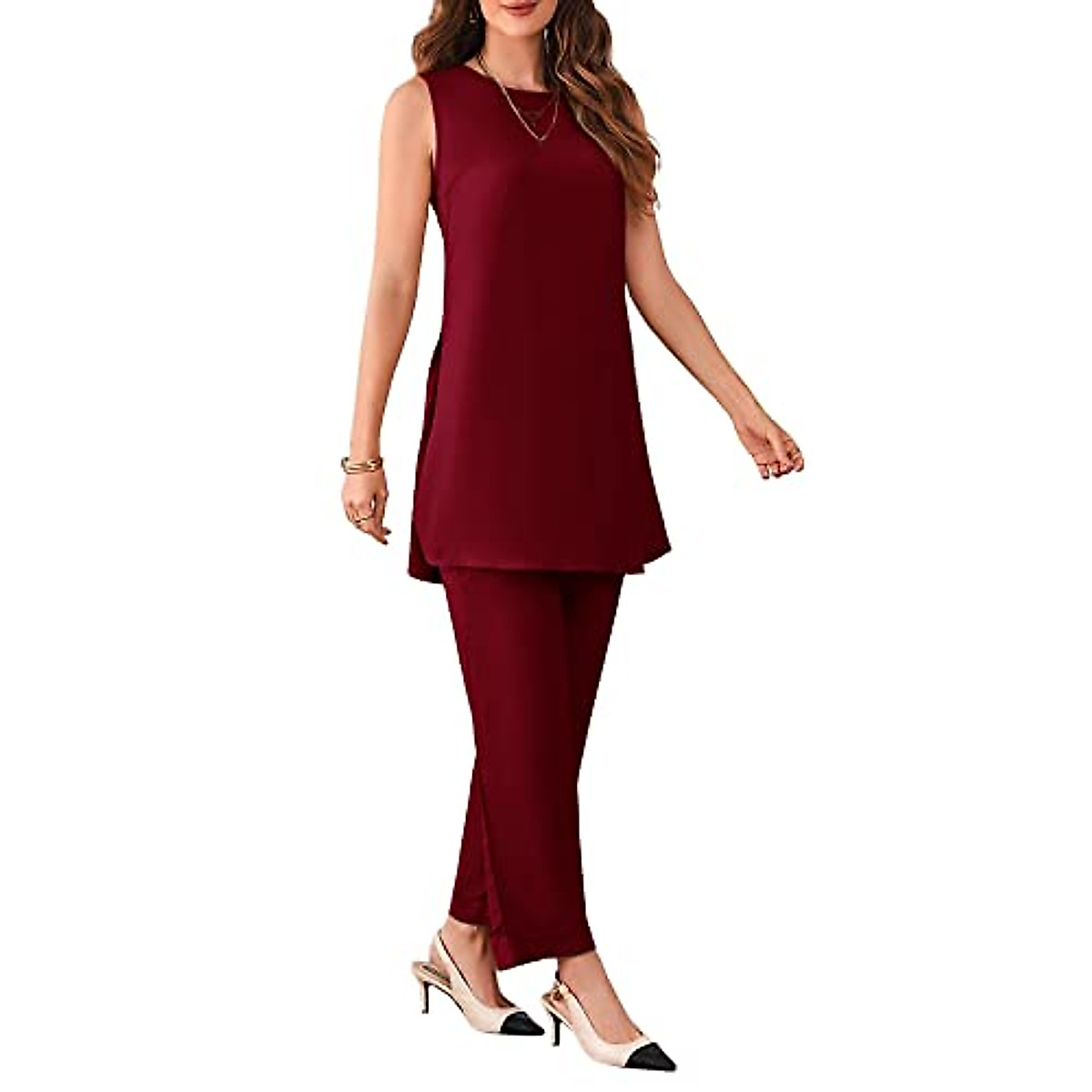 Zongqiven Women's Summer Pant Suit for Work Two Piece Outfits Tops & Pants Set Red