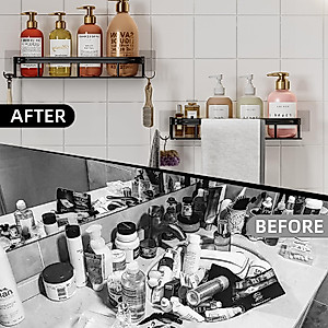 JOYZAN Shower Caddy Shelf Basket 5 Pack, Self Adhesive Shower Organizer for Home Decor&Kitchen&Bathroom, Caddy Organizer with Soap Holder, 10 Hooks and Tower Bar, No Drilling, Rust Proof,Black