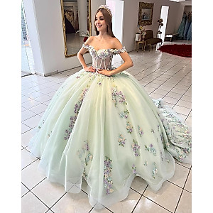 Mouccy Lace Sky Blue Quinceanera Dresses 2024 Beaded Pearly Ball Gowns Floral Off Shoulder Sweet 16 Dresses Petite
