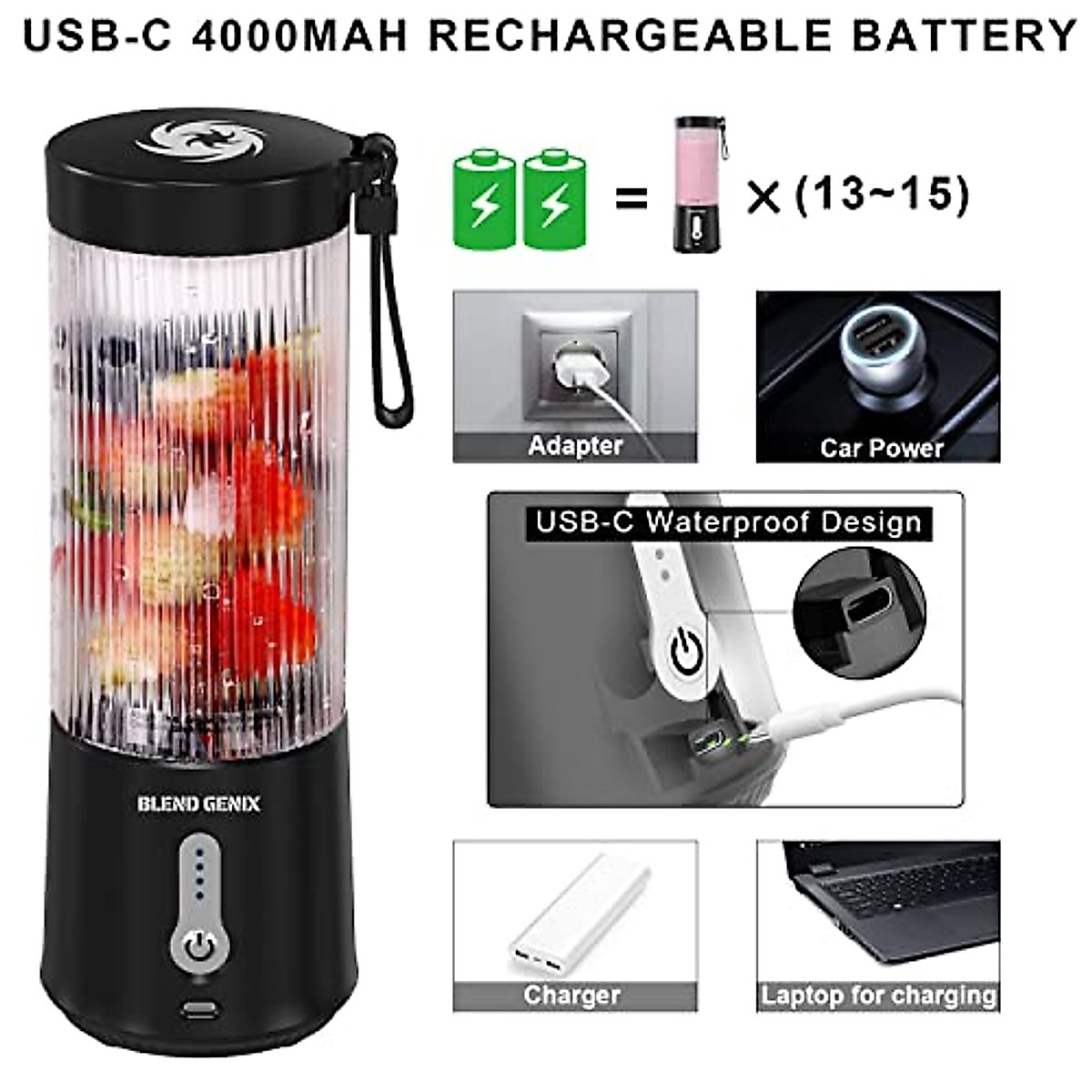 Blend Genix Blender for Shakes and Smoothies – Advanced Portable Fruit Blender with USB Charging Premium Blender Bottle with 450ml Capacity Lightweight and Durable Materials Practical Lanyard, Black