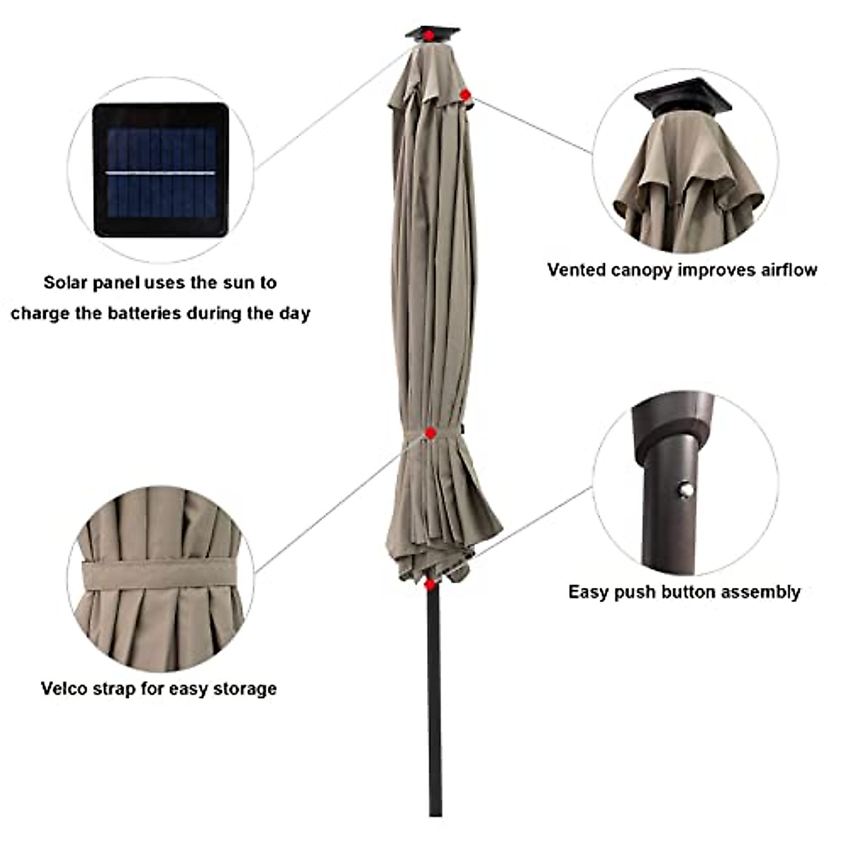C-Hopetree 10 ft Outdoor Patio Market Table Umbrella with Solar LED Lights and Tilt, Taupe