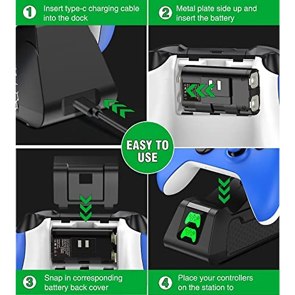 Controller Charger Station for Xbox Series X|S/Xbox One/X/S/Elite/Core, Dual Xbox 1 Charging Dock Station for Xbox One Controller Battery Pack with 2x1800mAh Rechargeable Battery & 4 Battery Cover Kit