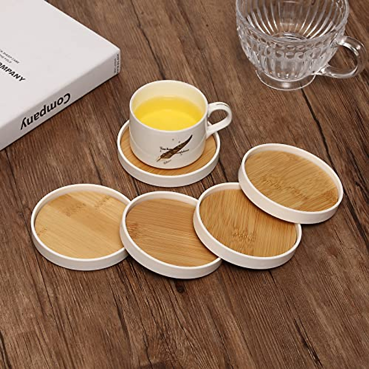 Senstap Wooden Coasters for Drinks Coffee Table, Round Drink Coasters with Holder, Set of 5 Cup Mat for Tabletop Protection, Cup Coaster with Lip 4-inch, White