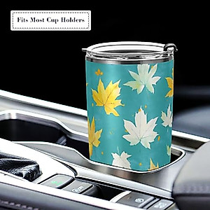 Watercolor White Yellow Maple Leaves Turquoise Stainless Steel reusable coffee cups with lids with Straw Lid coffee mug spill proof for travel simply modern insulated tumbler with lid termos