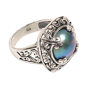 NOVICA Artisan Handmade Cultured Mabe Pearl Cocktail Ring Sterling Silver Floral Motif Blue Indonesia Birthstone [ring Front 0.7 in L x 0.7 in W x 0.4 in H Band Width 4 mm W] ' Blue Lunar'