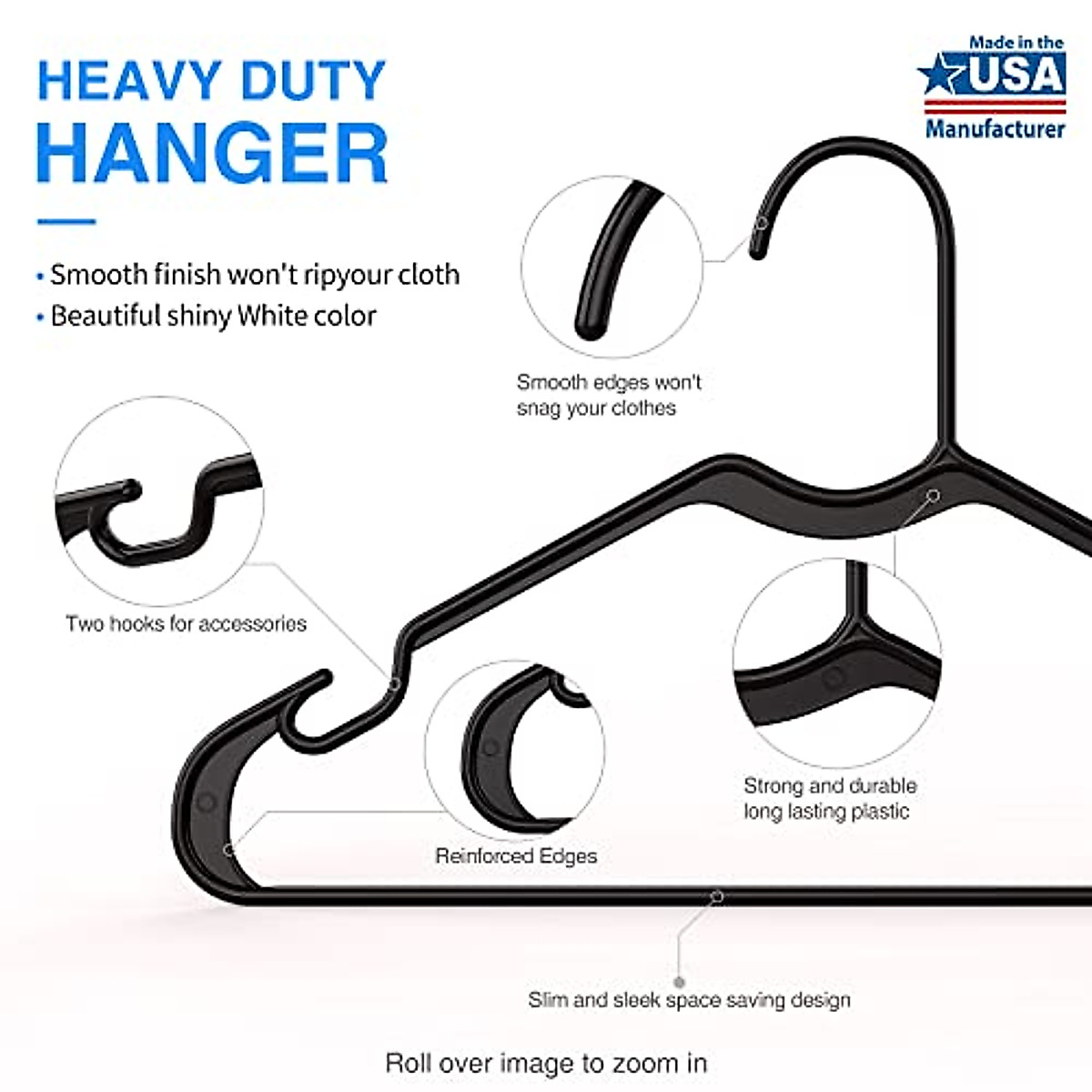 Sehloran Plastic Hangers 50 Pack,Space Saving Notched Hangers, Space Saving Slim Hangers, Heavy Duty Clothes Hanger for Coats,Pants,Dress,Shirts,White&Black,Made in USA