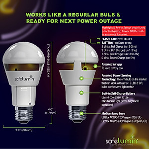 safelumin SA19-800G27 2PK Emergency Rechargeable Light Bulbs for Home Power Failure, Works as Normal LED Light Bulb & 3Hrs Battery Backup, 100-240V CE+CB 800lm 2700K Soft White E27 (2 Pack)