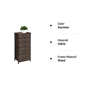 mDesign Storage Dresser Furniture Unit - Tall Standing Organizer Tower for Bedroom, Office, Living Room, and Closet - 5 Drawer Removable Fabric Bins - Espresso Brown