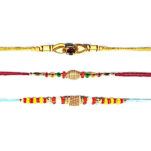 Set of 3 Rakhi - Rakhi for Bhaiya, Bhabhi, Indian Rakhi for Brother, Rakshabandhan Festival, Rakhi Bracelets/Rakhi Threads with Kumkum, Rice and Gift Envelope