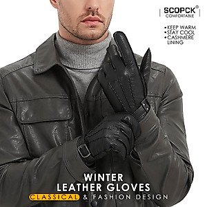 Genuine Sheepskin Leather Gloves for Men, Winter Warm Touchscreen Texting Driving Motorcycle Cashmere Lined Gloves (Black, L)