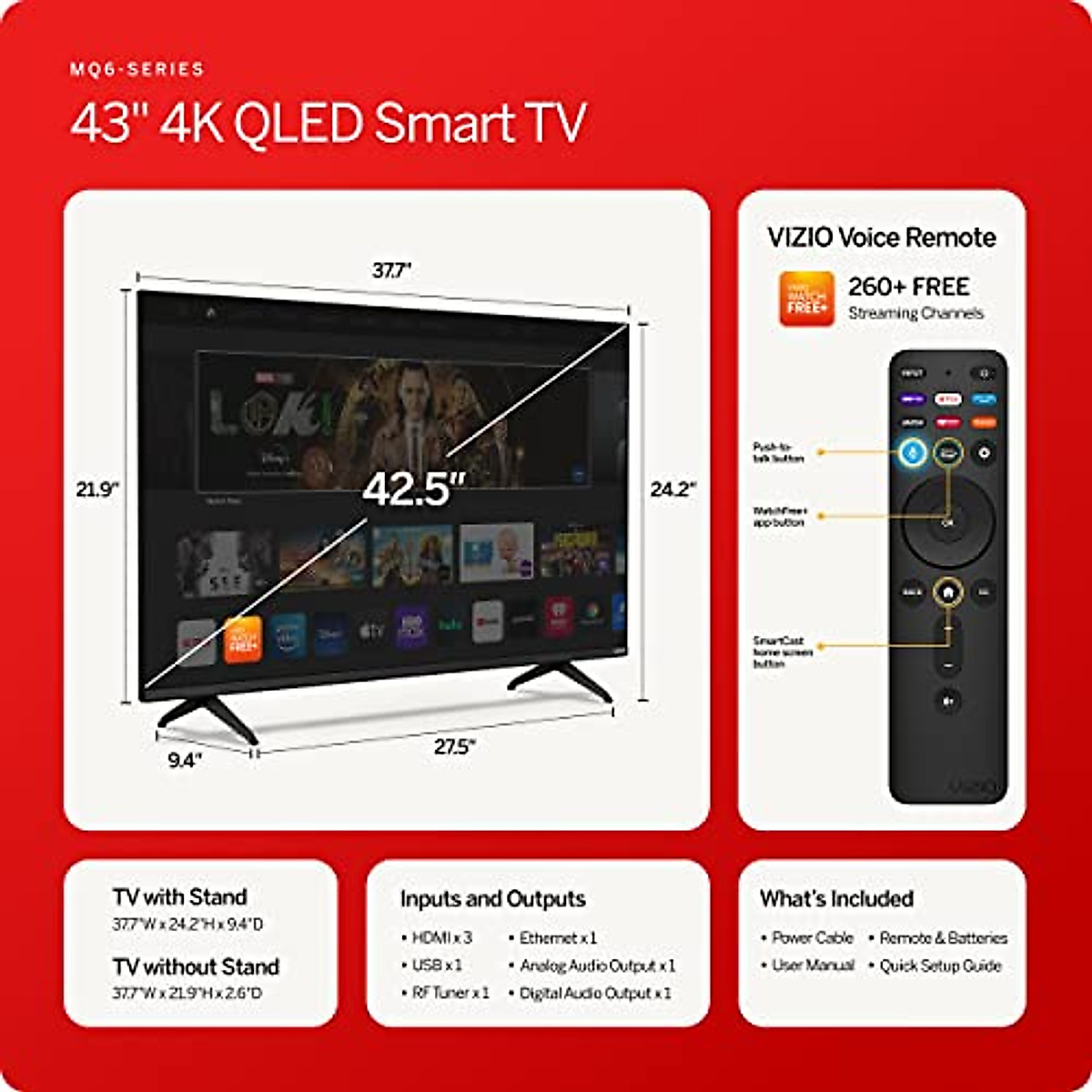 VIZIO 43-inch MQ6 Series 4K QLED HDR Smart TV w/Dolby Vision, WiFi 6E, Bluetooth Headphone Capable, AMD FreeSync & Alexa Compatibility, M43Q6M-K04, 2023 Model