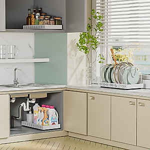 GoMaihe Pull-out Pots and Pans Organizer 2 Pack - Under Cabinet Pot Lid Holder for Kitchen - Bakeware & Dishes Storage Rack with Slide Rails - Multi-purpose Silde-out Drawer - Easy to Clean - White