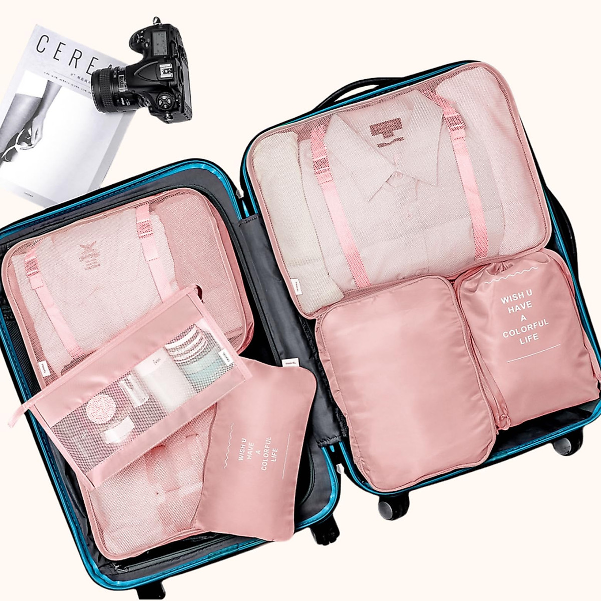 Packing Cubes VAGREEZ 7 Pcs Travel Luggage Packing Organizers Set with Toiletry Bag (Pink)