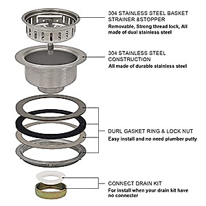 EADOT 3-1/2 Inch Brushed Nickel Sink Strainers for Kitchen Sink, Stainless Steel Kitchen Sink Drain Strainer Assembly with Strainer Basket And Drain Stopper, US Standard Kitchen Sink Drain Replacement