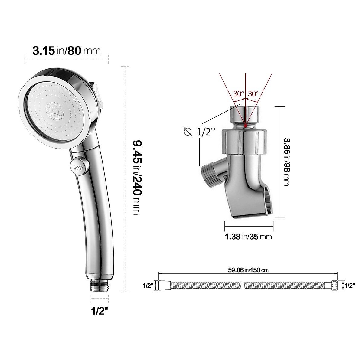 KAIYING Chrome High Pressure Handheld Shower Head with ON/OFF Pause Switch, 3 Spray Modes Shower Wand with Shut Off Button, Removable Camper Shower Head with Hose and Adjustable Angle Bracket